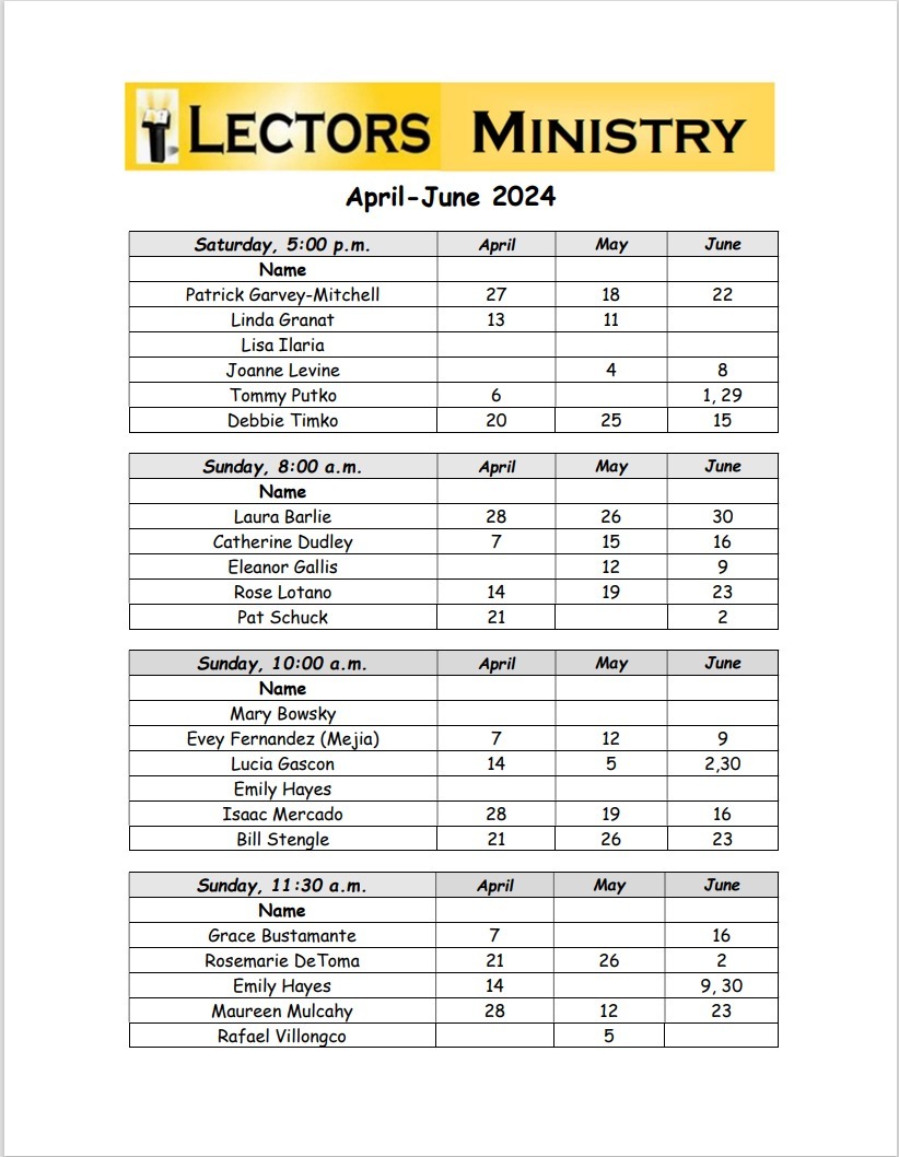 Lectors Schedule - Most Holy Redeemer - Old Bridge-Matawan, NJ